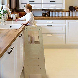 Height Adjustable Kids Kitchen Step Stool with Black and White Activity Board Learning Stool for Toddler Chef Helper Standing Tower