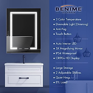 BENIME 30×32 Inch Bathroom Medicine Cabinets with LED Mirror CRI90+, Defogger, Stepless Dimmer, 3 Colors Light, Clock, Room Temperature, 5X Magnifying Makeup Mirror, Outlet & USBs, Recessed or Surface