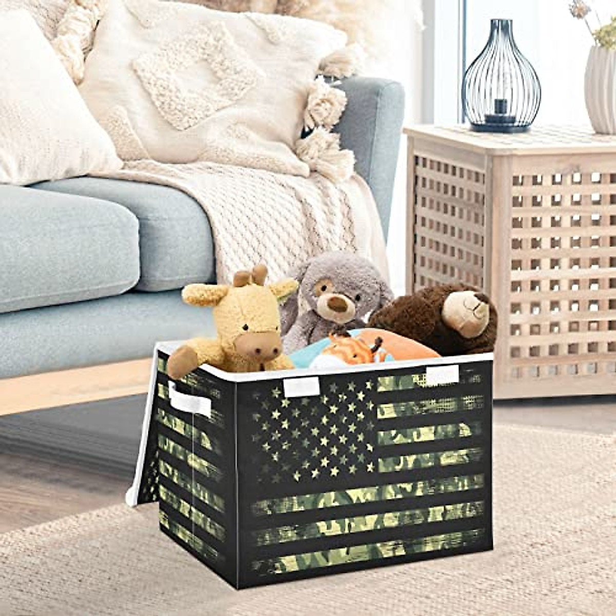 DOMIKING American Flag Green Camo Large Storage Bin with Lid Collapsible Shelf Baskets Box with Handles Organizing Container for Bedroom Living Room Kid's Room