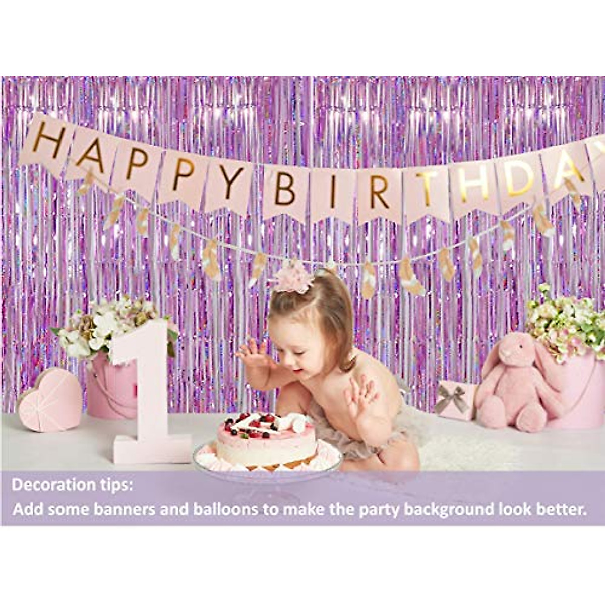 Vanujoy 2 Pack Iridescent Pinkish Purple Foil Fringe Backdrop Curtains - Pink Tinsel Curtain Wall Door Decoratons for Birthday Bachelorette Party Engagement Bridal Shower Baby Shower