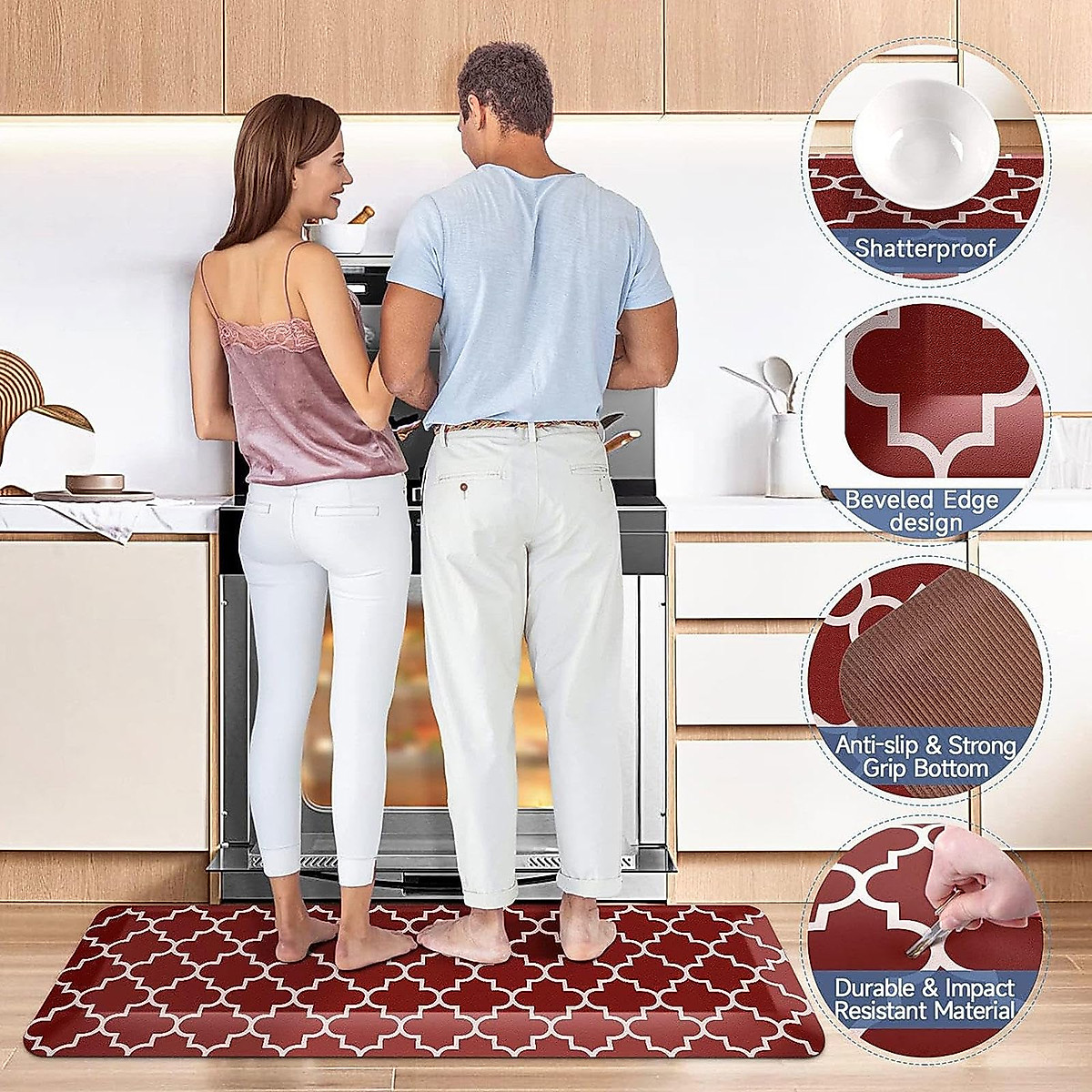 VRINO 0.75 InchThick Anti Fatigue Mats for Kitchen Floor ， Waterproof, Non Slip, Anti Fatigue Floor Mat ， for Kitchen, Office, Sink,Red-17.3×60""