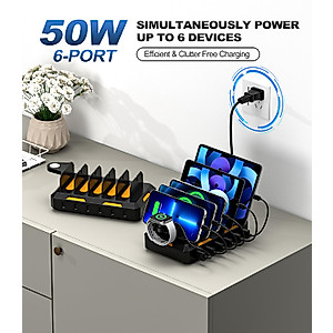 Charging Station for Multiple Devices, Honcila 6 in 1 Multi Charger Station Charging Dock for Cellphone Tablet iPhone iPad and More - 50W Charging Station Organizer with 6 Mixed Charging Cables