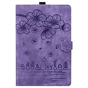 UUcovers for iPad 10th Generation 10.9 inch Case 2022 with Stand/Pencil Holder/Pocket/Magnetic Smart Embossed Flower PU Leather Folio Cover,Auto Wake/Sleep & Multiple Angles,Cherry Blossom Purple Cat