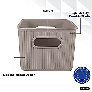 Superio Decorative Plastic Open Home Storage Bins Organizer Baskets, Medium Taupe (4 Pack) Container Boxes for Organizing Closet Shelves Drawer Shelf - Ribbed Collection 5 Liter