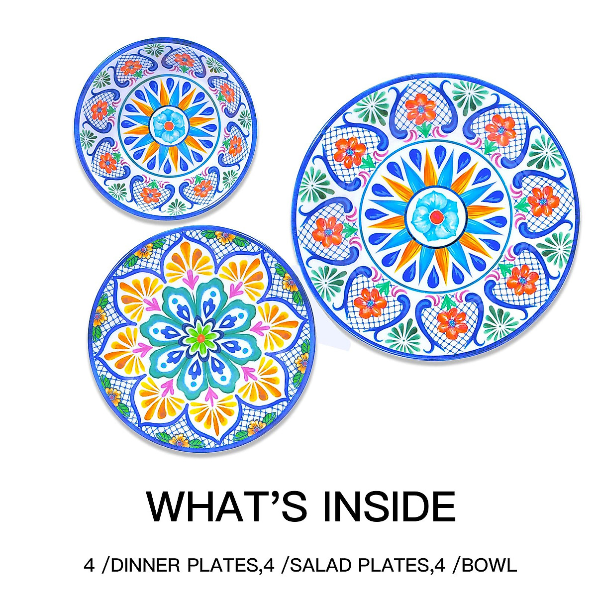 Melamine Dinnerware sets: Bisphenol A-free,Dishwasher Safe dinnerware sets,Non-breakable melamine plates,Service for 4 (12pcs) plates and bowls sets Ideal for indoors and outdoors Picnic, Camping.