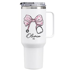 Andaz Press Personalized 40oz Tumbler with Handle, Lid and Straw, Coquette Bow Custom Name 40 oz Tumbler Travel Mug, Nurse Appreciation Gifts Custom Mug with Name Nurse Gifts for Women Nursing Student