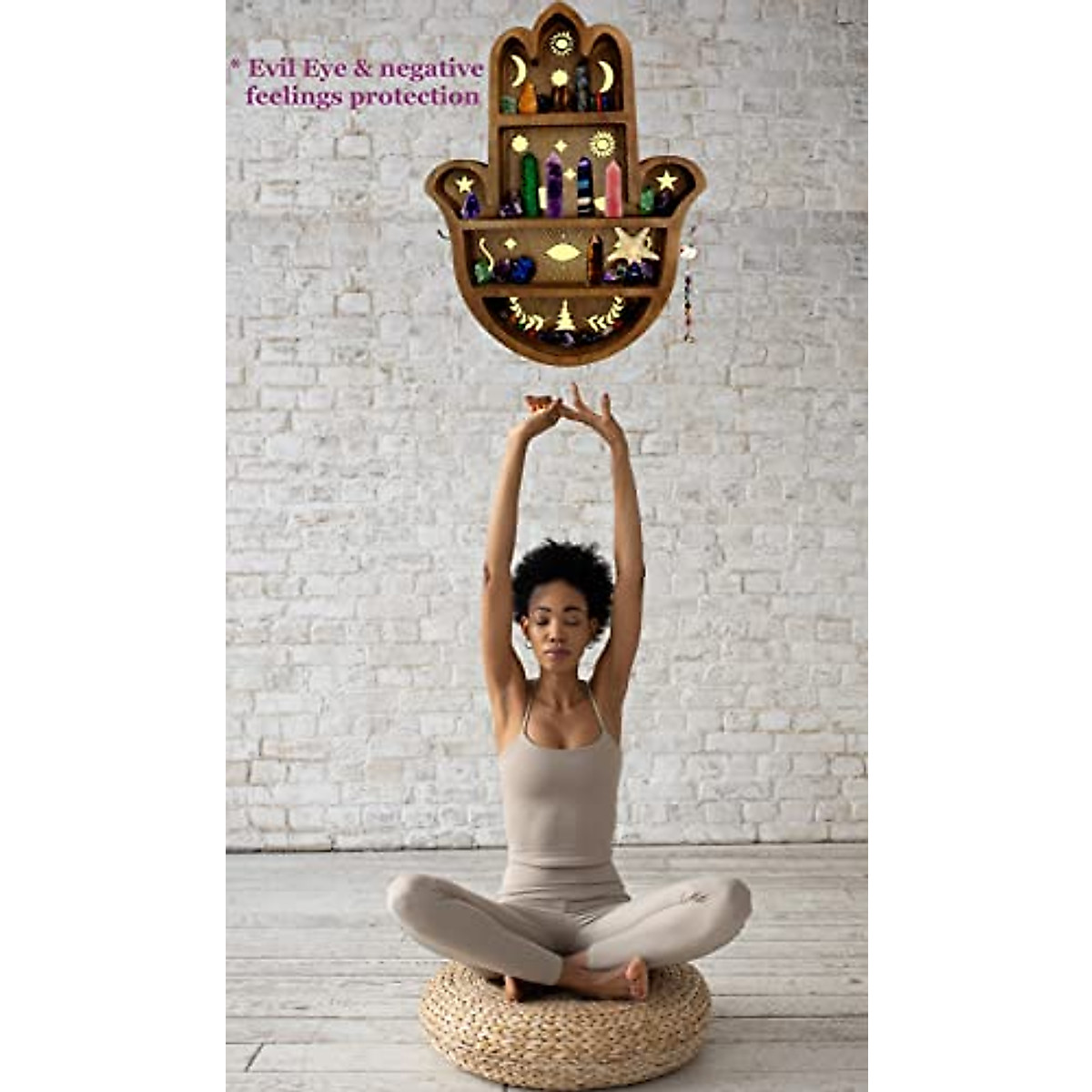 TAMIM CRAFTS Wooden Hamsa Shelf for Crystals- Large 20 Inch Crystal Display Shelf for Stones, Crystal Holder Shelf, Essential Oil Display, Hand Crystal Shelf for Room Decor, Hamsa Wall Décor