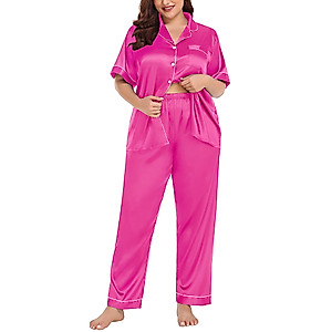 SWOMOG Satin Pjs for Women Plus Size Pj Set Summer Pajamas Smooth and Soft Pajama Set Comfy Nightwear 24W Rose Red
