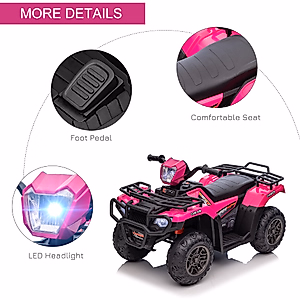 Aosom 12V Ride on ATV for Kids, Kids Electric 4 Wheeler with Headlight, Music, MP3, Treaded Tires, Battery Powered Kids Quad for Toddler, Pink