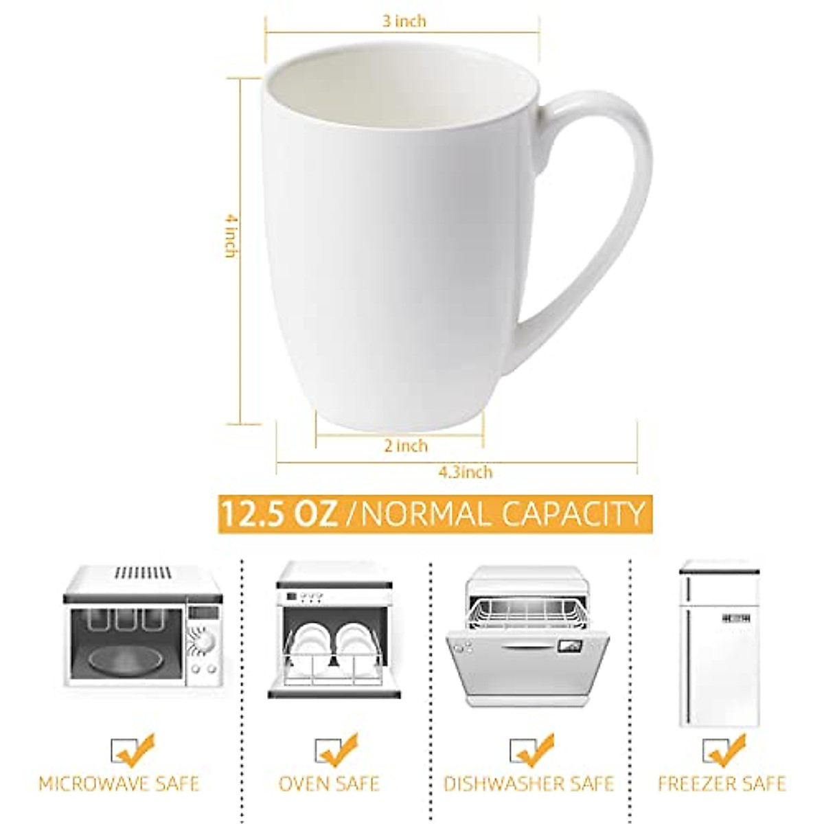 Upscale Coffee Mugs Set of 4, Fine Bone China Coffee Cups 12 OZ, Over 45% Bone Content Coffee Mugs for Women and Men, Lightweight White Ceramic Coffee Mug Gift Sets (Moonlight)