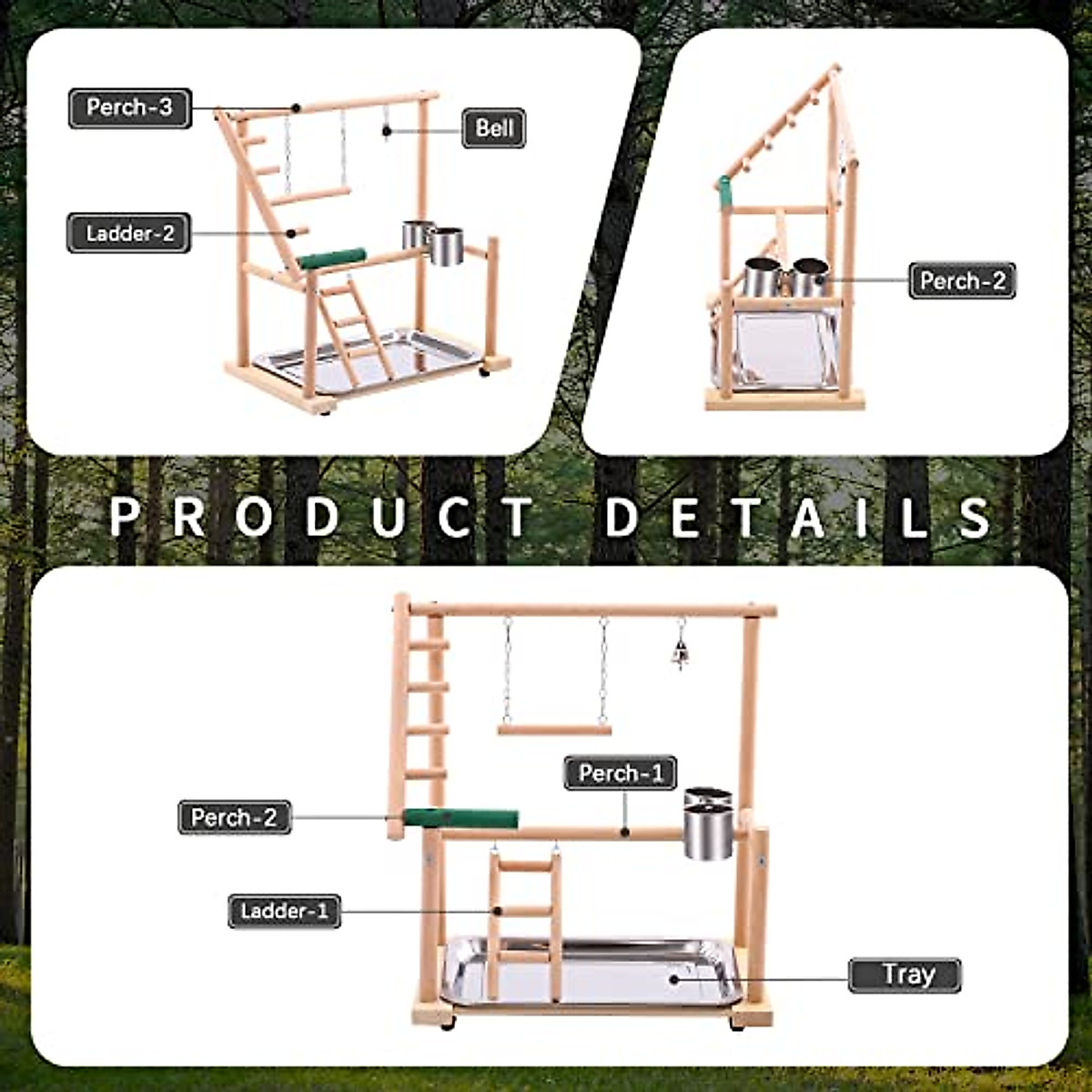 Bird Play Stand Parrots Playground Wooden Stick Perch，Bird Playpen Exercise Gym with Ladder Feeder Cup Bell Swing，Parrot Play Climb Gym for Parakeet Cockatiel Conure(Include a Tray)