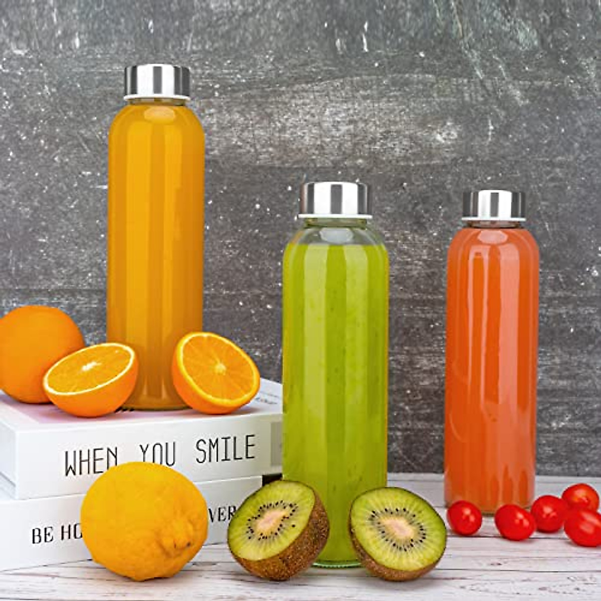 Sursip 18oz Glass Water Bottle Set of 10, Clear glass juice bottle for juicing，Reusable Drinking Bottles with Stainless Steel Lid，Beverage Storage Containers for Refrigerator-BPA Free，Leak Proof