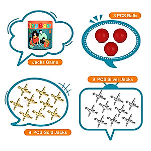 KlayBear Jacks Game with Ball, Retro Vintage Jax Game for Kids and Adults, Classic Board Games with 18 Metal Jacks & 3 Red Rubber Balls, Old Fashion Traditional Table Games for Family Game Night