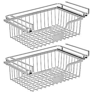 mDesign Wire Under Shelf Organizer for Cabinet - Sliding Basket for Under Cabinet Shelf - Hanging Storage Organizer Rack for Kitchen and Pantry with Label Space - Carson Collection - 2 Pack - Chrome