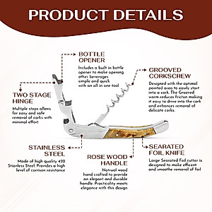The Wine Chic Premium Professional Corkscrew Wine Opener with Elegant Wood Handle, Manual Wine Key with Foil Knife and Cap Bottle Opener for Bartenders, Waiters and Sommeliers