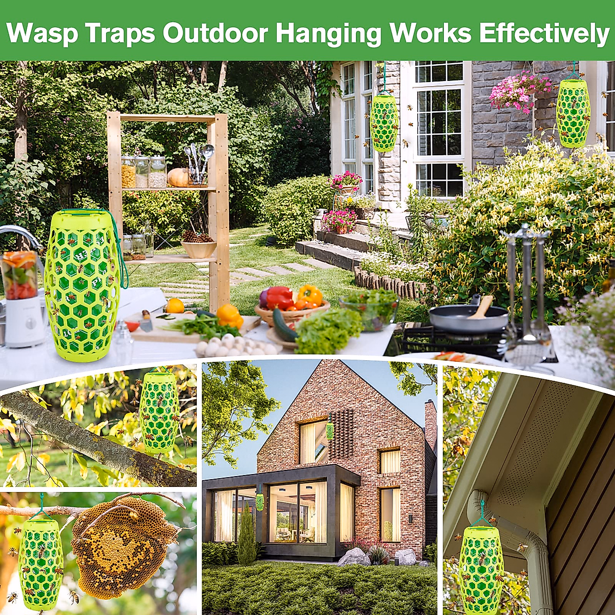 Wasp Trap Bee Catcher, Outdoor Hanging Carpenter Bee Traps with 4 Sticky Boards - Green, 2 Pack