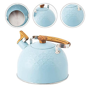 STOBAZA 2.5 Liter Whistling Tea Kettle Whistling Teapot Stainless Steel Tea Pots for Stove Top Whistling Boiling Kettle with Wood Pattern Handle for Tea, Coffee, Milk Tea Pot - Blue