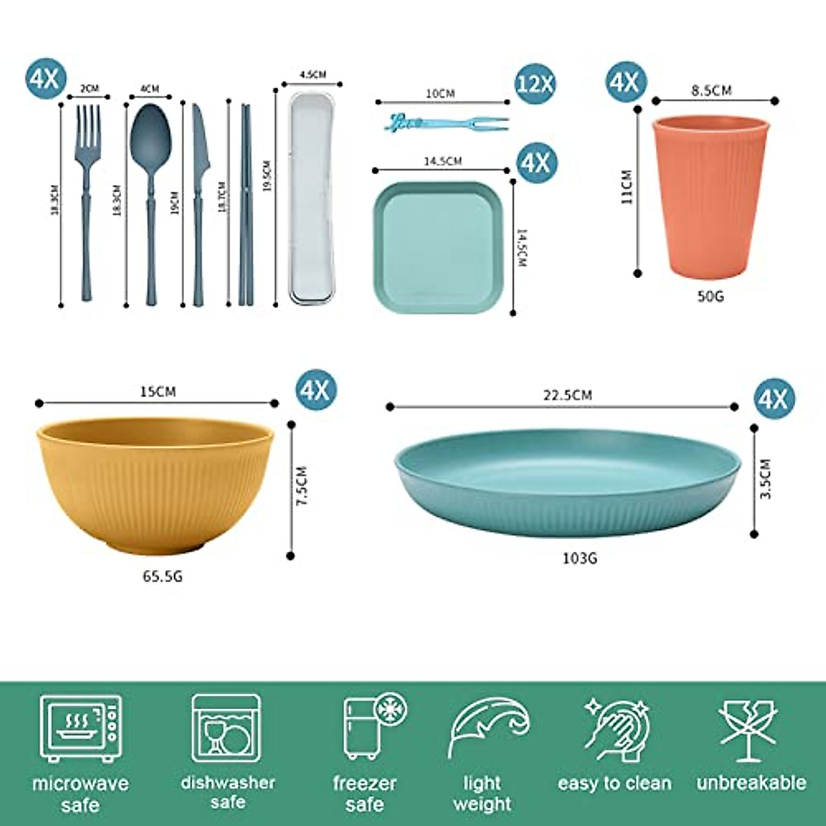 Wheat Straw Dinnerware Sets, kids Dinnerware Set,Unbreakable Microwave Dishwasher Safe Tableware Lightweight Bowls, Cups, Plates Set Reusable Dinner Plates Bowls Set