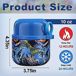 Healthlif 10oz Kids Soup Thermos for Hot Food Insulated Food Jar,Ceramic Coating Thermos Hot Food Lunch Container, Width Mouth Stainless Steel Lunch Box with Spoon(Blue Dino)