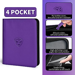 ZLCA Toploader Card Binder, 4-Pocket Trading Card Album Holder fits for 3 x 4'' Top Loader, Ringless Double-Sided Card Display Storage Carrying Case Compatible with PTCG MTG Sports Cards (Purple)