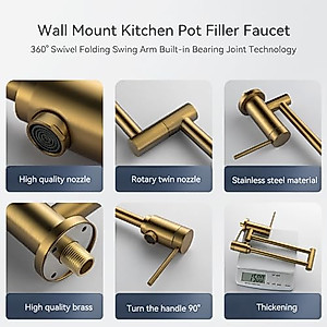 MR. FAUCET Wall Mount Kitchen Pot Filler Faucet 360° Swivel Folding Swing Arm Built-in Bearing Joint Technology, for Kitchen Stove, Coffee Station, bar Filler&Water Station(Brushed Brass Gold)
