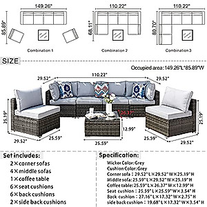 XIZZI Patio Furniture 7 Pieces Outdoor Patio Sectional Sofa Couch Grey PE Wicker Furniture Conversation Sets with Glass Coffee Table for Garden,Backyard,Deck,Grey