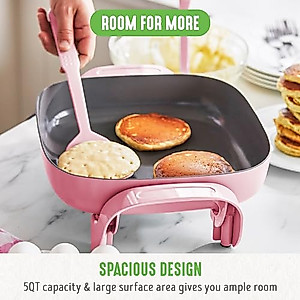 GreenLife Healthy Ceramic Nonstick, 12" 5QT Square Electric Skillet with Glass Lid, Dishwasher Safe, Adjustable Temperature Control, PFAS-Free, Pink