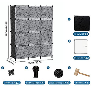 AWTATOS 12 Cube Storage Organizer with Doors, DIY Plastic Closet Storage Shelf, Modular Storage Bookshelf, Stackable Storage Shelving Rack for Bedroom, Home, Living Room, Black ULPZ012