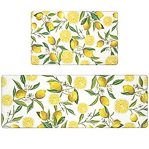 SHACOS Lemon Kitchen Rugs Mats 2 Pieces Anti Fatigue Floor Rug Runner Set Non Slip Soft Cushioned Standing Mat Wipeable Floor Mat, 17"x27.5"+17"x47",White