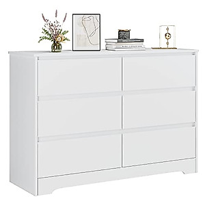 FOTOSOK 6 Drawer Double Dresser, White Dresser for Bedroom, Modern 6 Chest of Drawers with Deep Drawers, Wide Storage Organizer Cabinet for Living Room Home