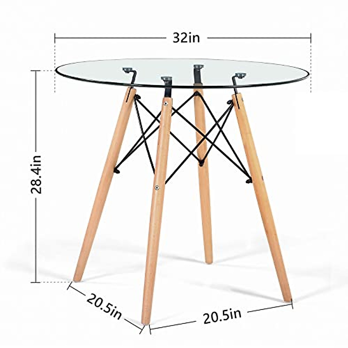 Round Glass Dining Table Small Kitchen Table Modern Circle Dining Room Table 32" with Wood Legs for Dinner Small Spaces Clear