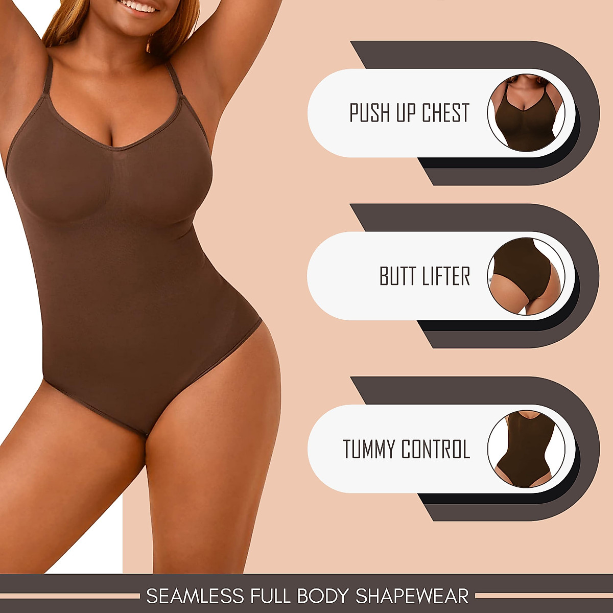 Soo slick Seamless Bodyshaper Bodysuit for Women - Full Body Shapewear, Sculpting Suits Sleeveless Round Neck Brown X-Large