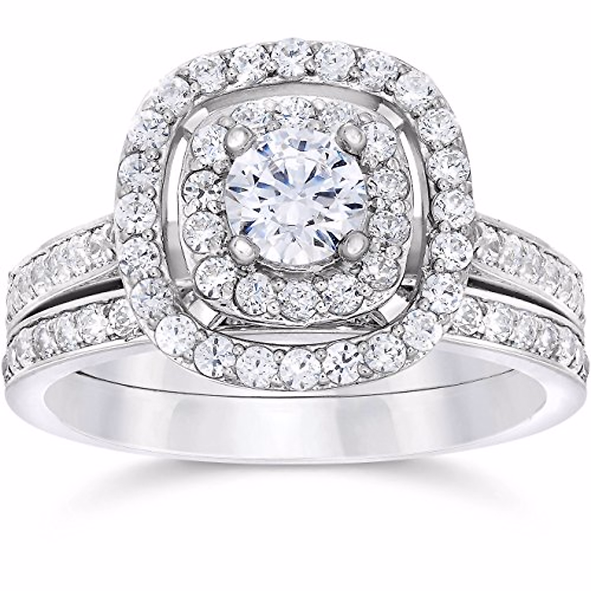 1 1/2ct Double Cushion Halo Real Diamond Engagement Wedding Ring Set White Gold - Size 8.5
