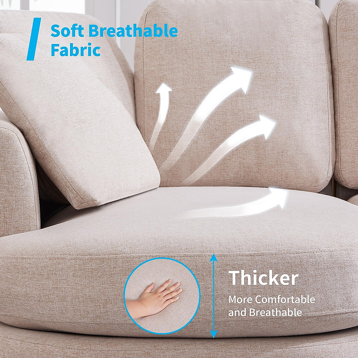 Mjkone Curved Small Cloud Couch, 3-Seat Living Room Minimalist Style Comfy Sectional Sofa, Modern Linen Fabric L Shaped Sofa Couch with Chaise for Apartment Office, Beige