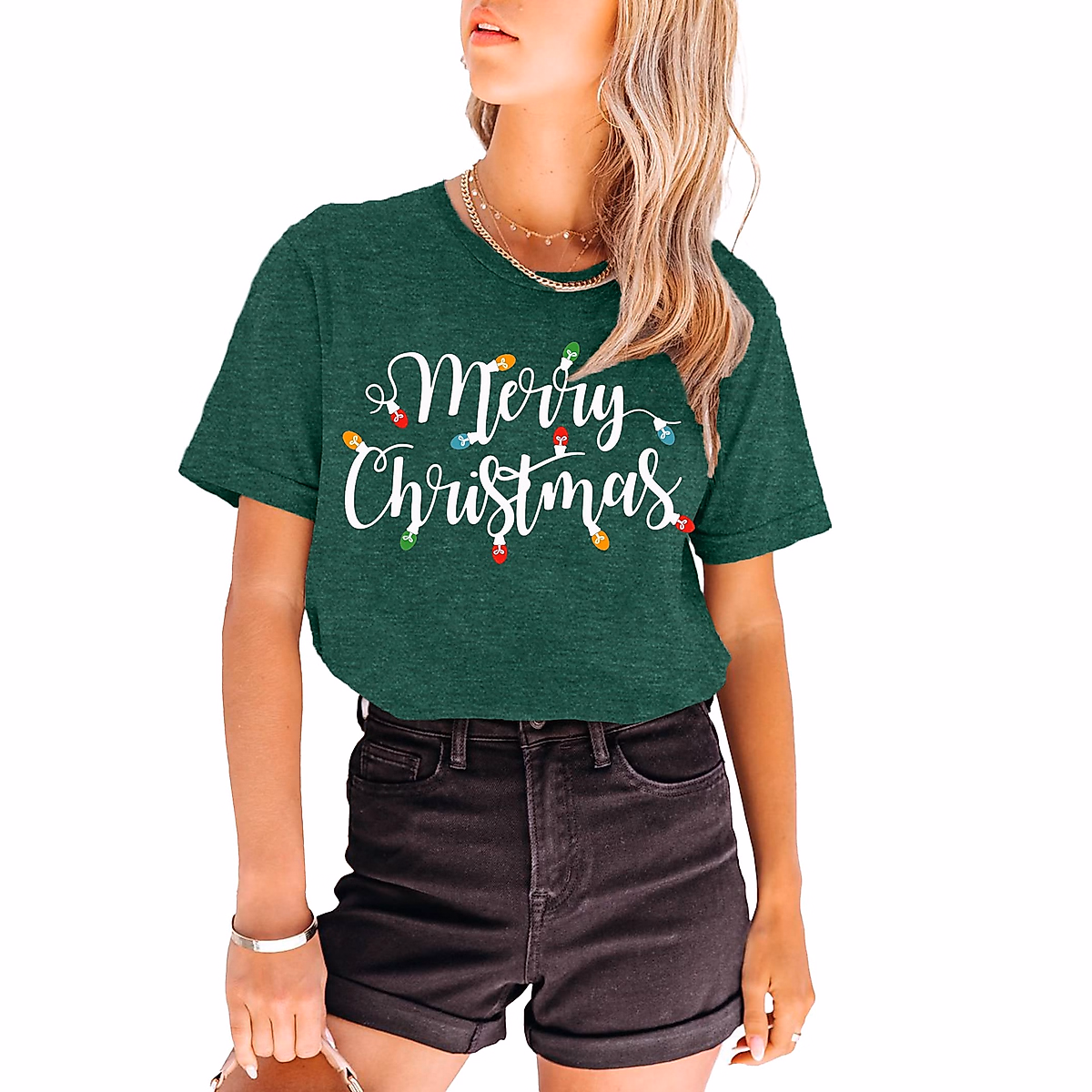 MAIHUN Christmas Shirts Womens Merry Christmas Shirt Xmas Holiday Tshirt Christmas Lights Tee Green