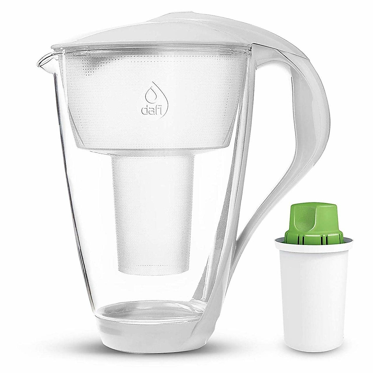 DAFI Glass Water Filter Pitcher with Alkaline Filter | 64 oz | waterdrip Water Purifier for Drinking Water, Clearly Filter jug, Water purifer | White LED, BPA-Free | Made in Europe