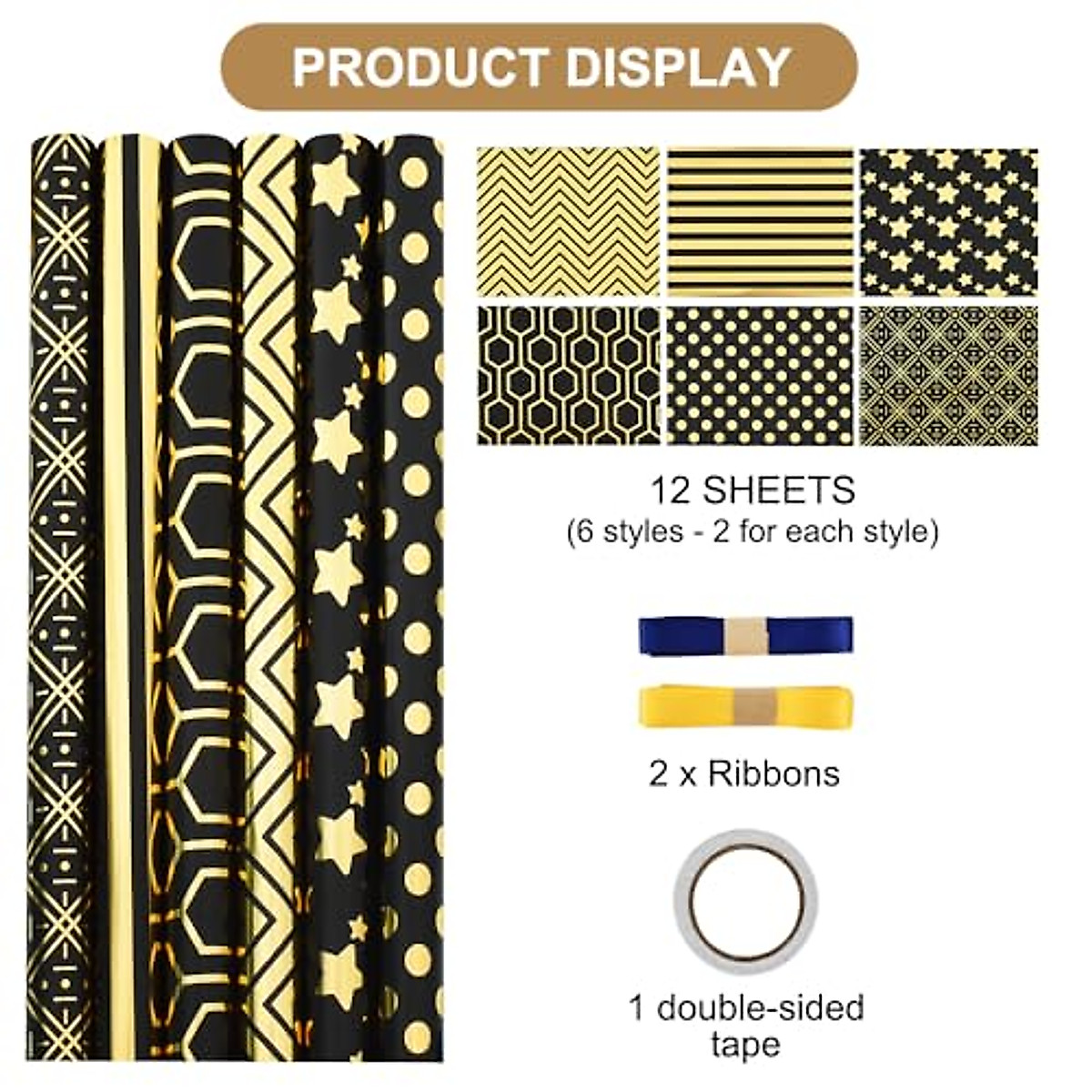 BEISHIDA 6 Styles Christmas Gift Wrapping Paper Set with Ribbon&Double-Sided Tape,Birthday Gift Wrapping Paper with Black Gold-Metallic Foil Design,DIY Craft,12 Sheets Folded 20x28in