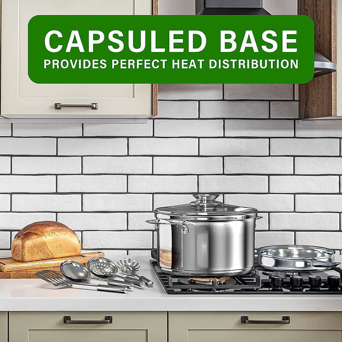 18-Piece Stainless Steel Kitchen Cookware Set, Including Saucepan, Casseroles with Tempered Glass Lid, Frypan, Steamer, Salad Bowl with Cover, Fryer Basket, Heat Resistant Mat & Utensils Set, Silver