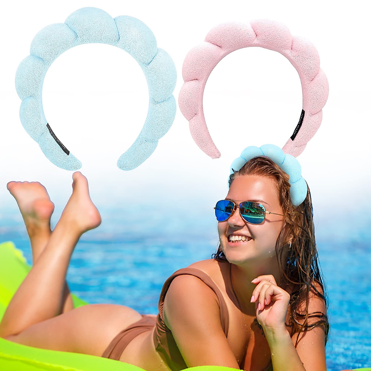 R.S LUXURY Makeup Headband for Washing Face or Facial, Set of 2 Skincare Headbands, Terry Cloth Headband Pink & Blue Spa sponge Headband Combo Package - Headband for makeup Clearance makeup