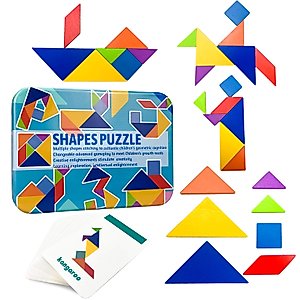 Tangram Pattern Puzzles Set, Woodiness Puzzle Blocks Colorful Tangram Sorting, 60 Design Cards with 120 Pattern Jigsaw Puzzle, Tangram Puzzles for Kid Toddlers Boys Girls Age 3+