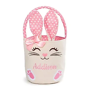 Personalized Bunny Ears Bucket Bag with Custom Name | Pink Polka Dot Liner Easter Bag with Handle | Soft Egg Basket for Kids | Customized Easter Basket | Great for Book and Toy Storage