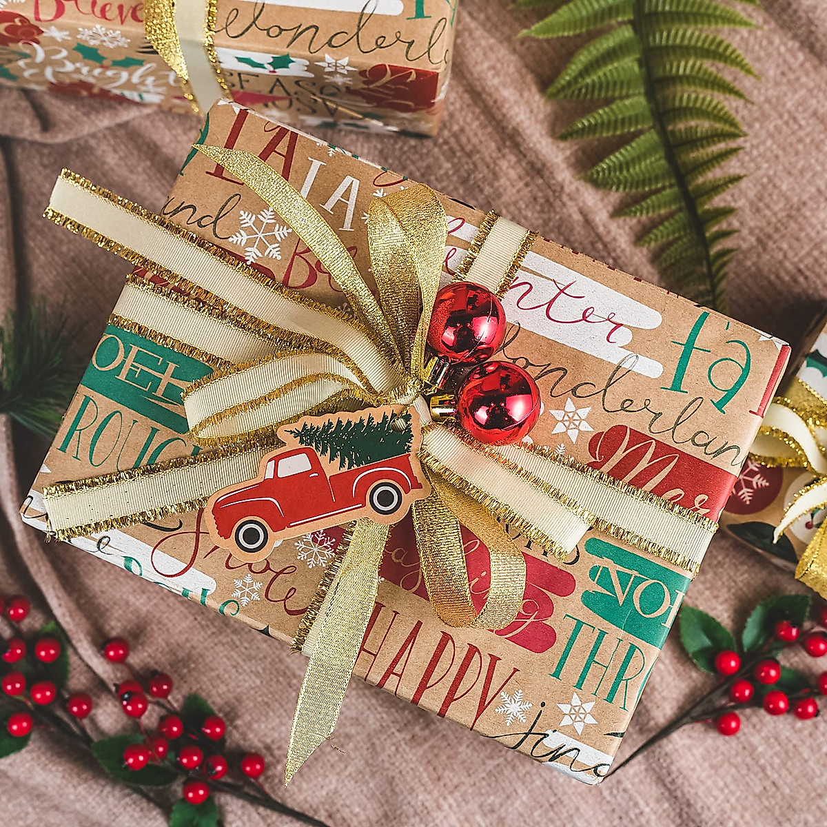 RUSPEPA Christmas Wrapping Paper, Kraft Paper - Christmas Tree, Snowflake and Seasonal Brocade Style Designs - 4 Rolls - 30 inches x 10 feet per Roll