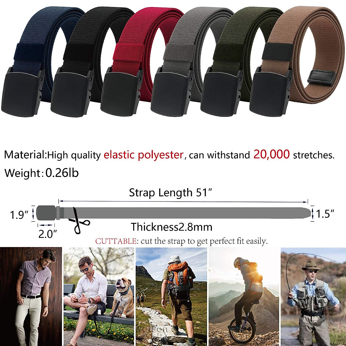 LionVII Men's Elastic Stretch Belts, Breathable Canvas Web Belt with Plastic Buckle for Work Outdoors, Easy Trim to Fit 27-46" Waist (Black)