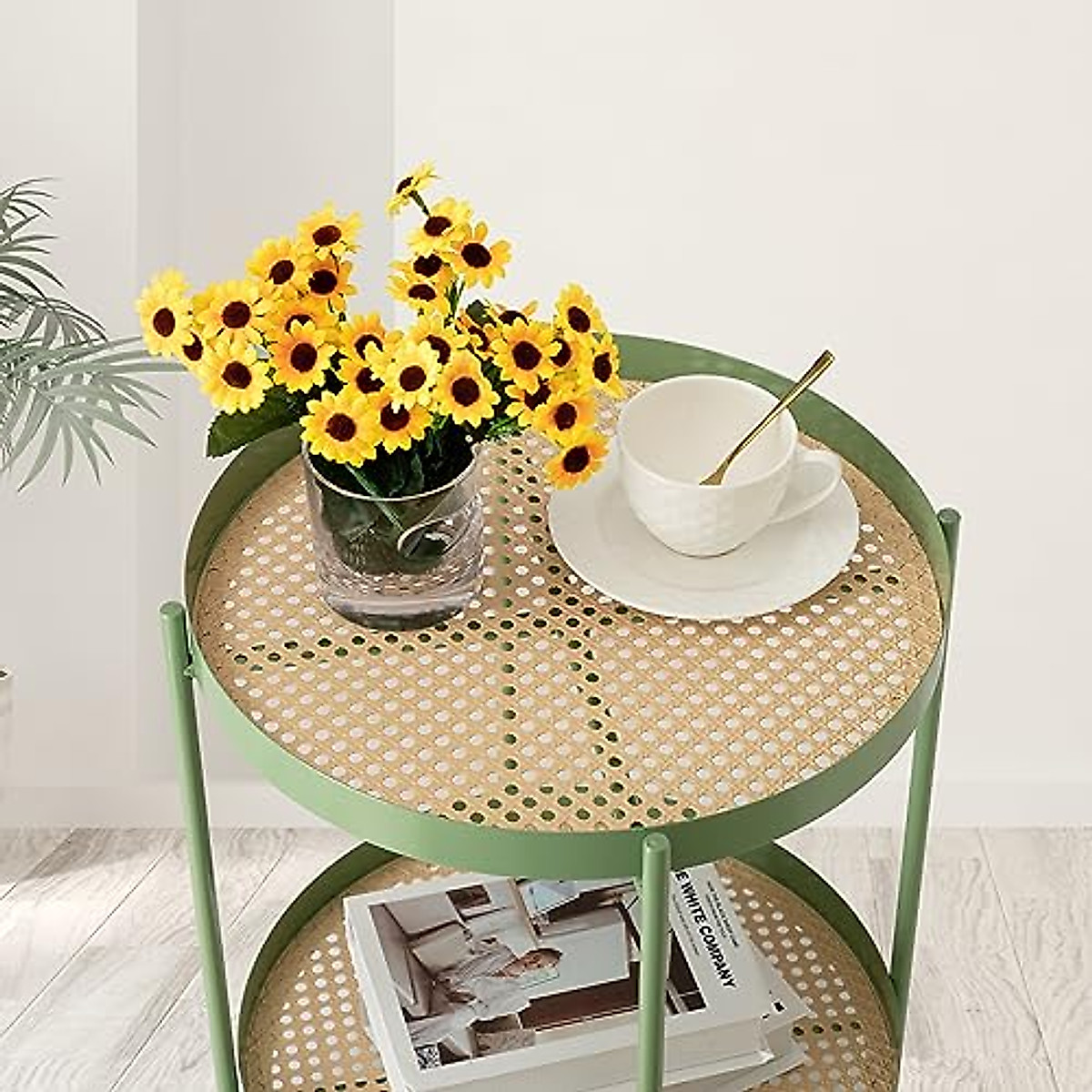 danpinera Metal Side Table, Imitation Rattan Green End Table with 2 Tier Removable Tray, Round Table for Small Spaces, Small Tables for Living Room 20.47 Inch x 16.54 Inch