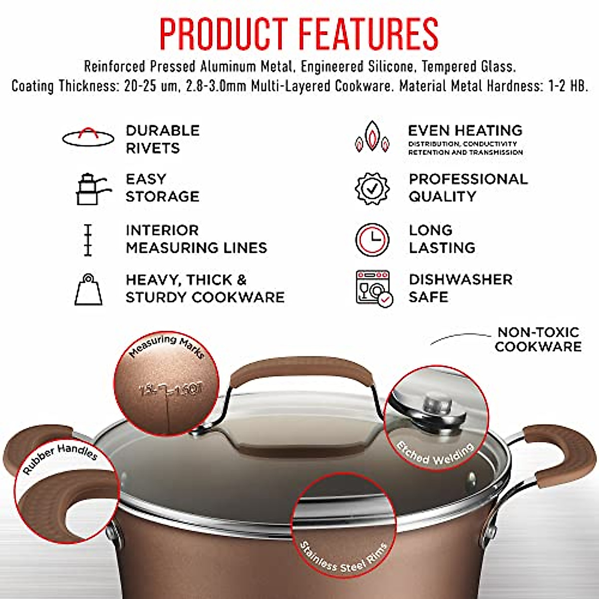 Cookware Set – 23 Piece –Gold Multi-Sized Cooking Pots with Lids, Skillet Fry Pans and Bakeware – Reinforced Pressed Aluminum Metal - Suitable for Gas, Electric, Ceramic and Induction by BAKKEN Swiss