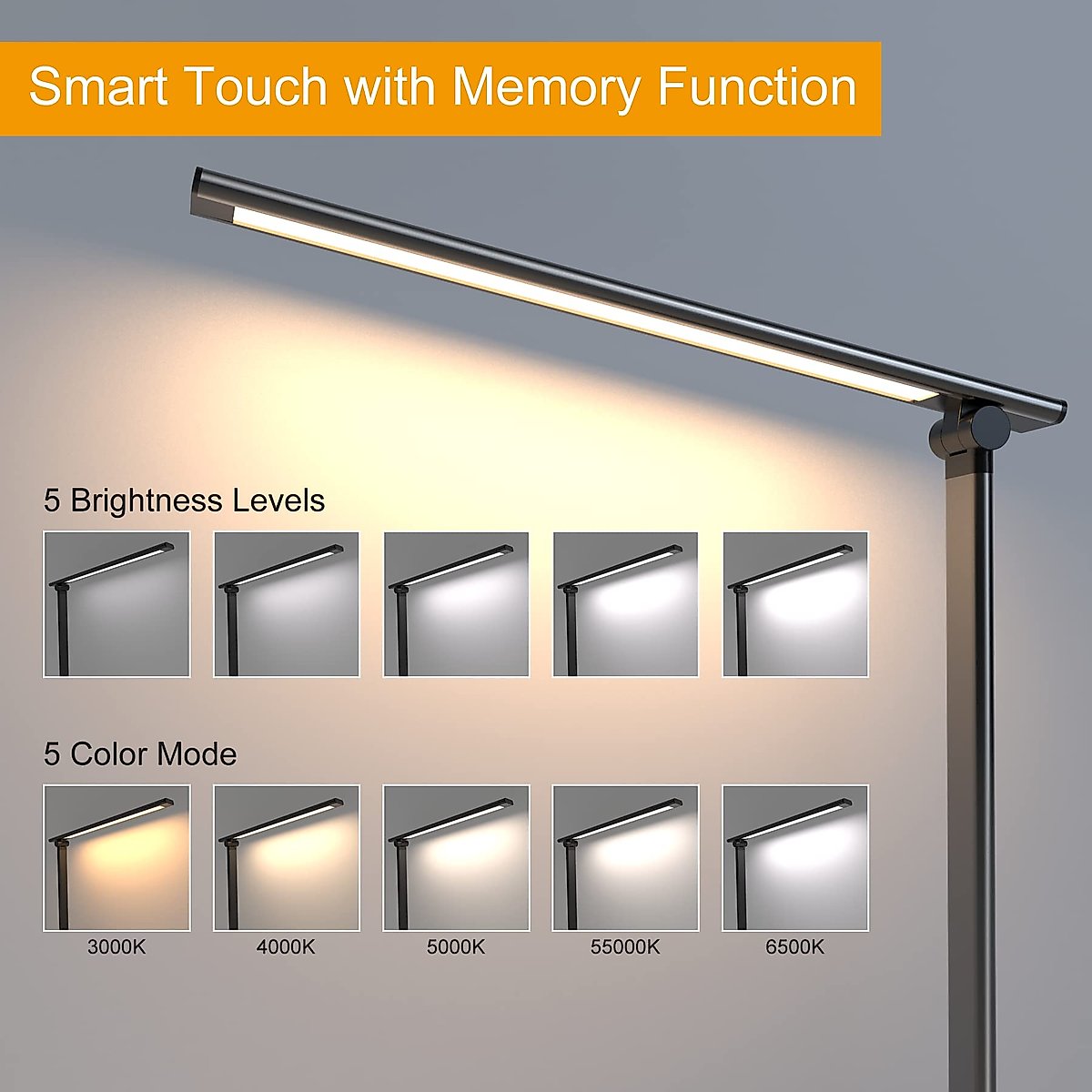 sylvwin LED Desk Lamp Dimmable, Desk Light with USB Charging Port for Home Office,5-Level Brightness & 5 Lighting Modes, Touch Control, Auto Timer 45min, Eye-Caring Table Lamps Black
