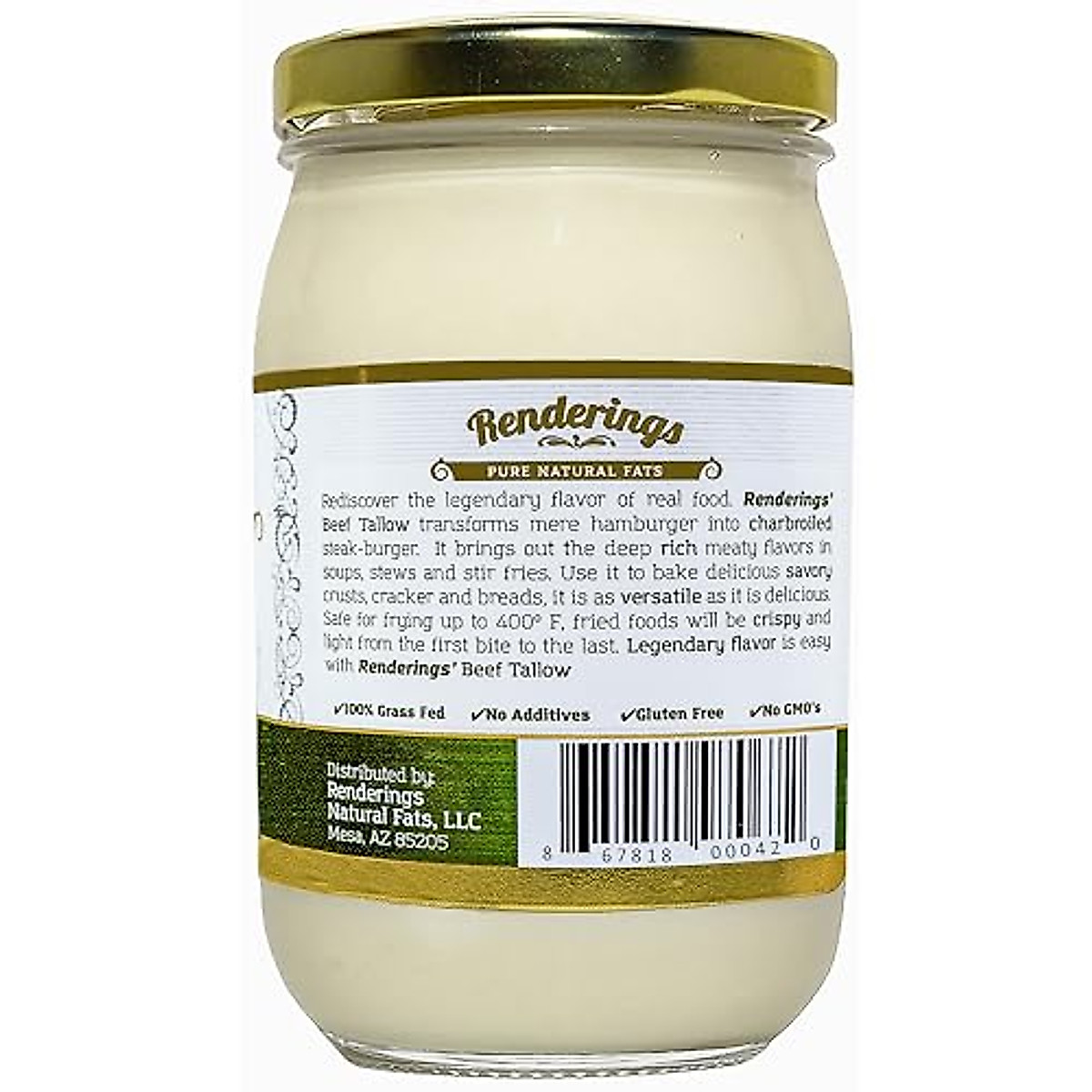 Renderings Beef Tallow, 100% Grass-Fed & Finished, Cooking, Baking and Frying, 14 oz jar