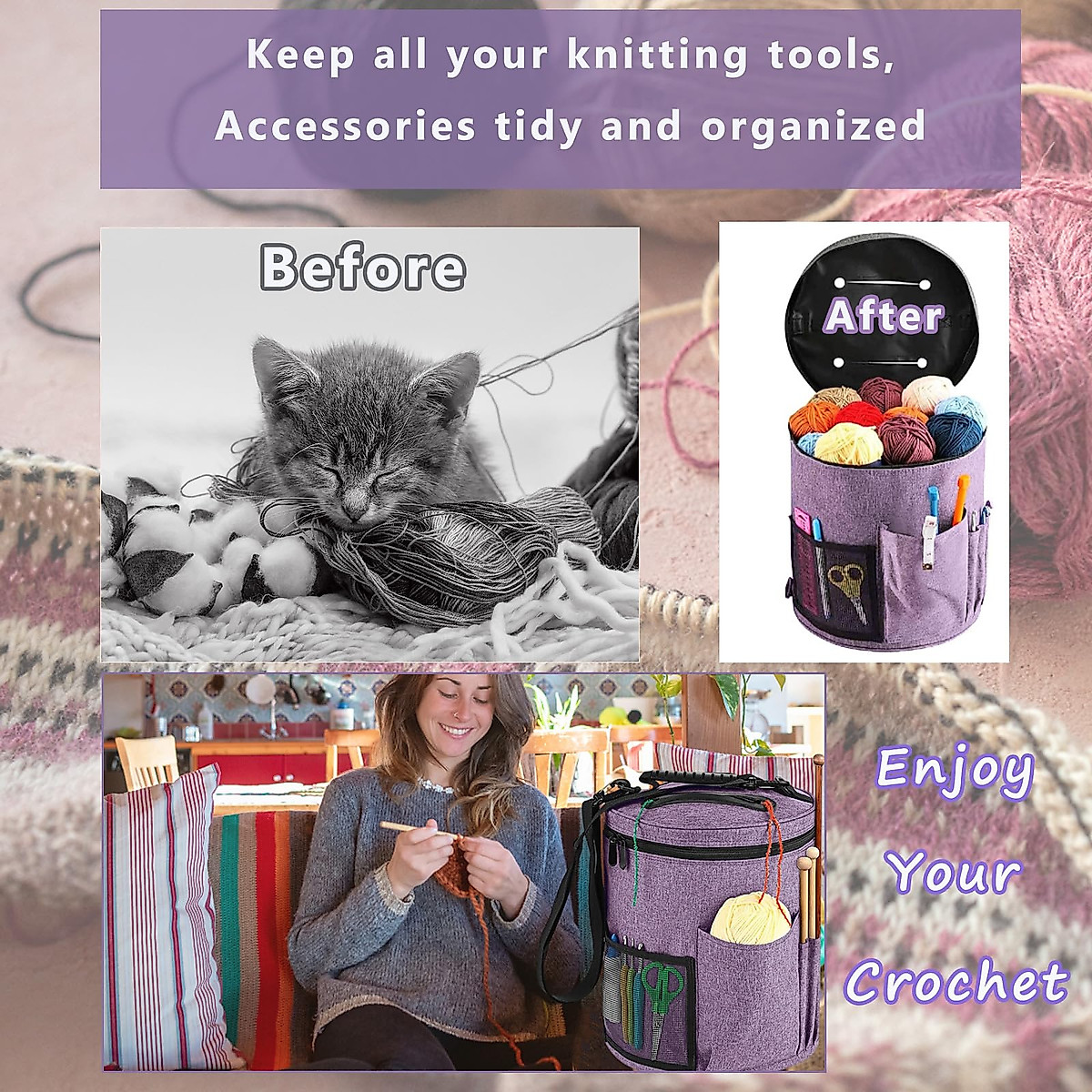 LINZHEAXY Knitting Bag,Large Capacity Crochet Bag,Travel Yarn bag,Yarn Organizer for Crochet Accessories and Supplies,Crochet bag Organizer,Yarn Storage bag with Shoulder Strap-Only bag.(Purple)