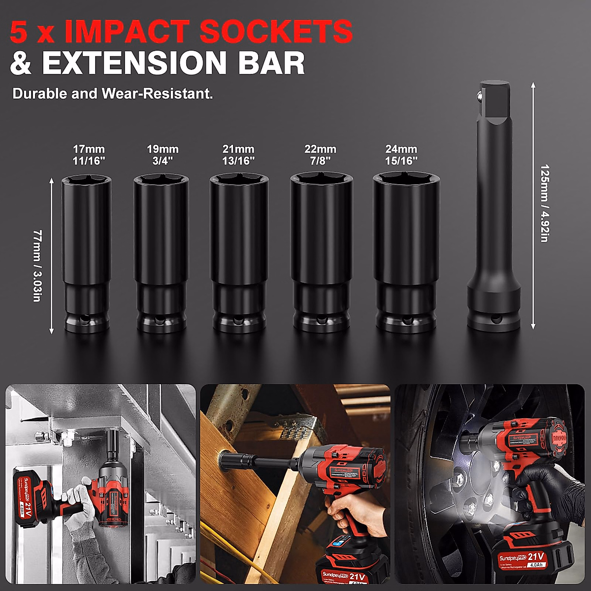 SundpeyPRO Cordless Impact Wrench 900Ft-lbs(1200N·m) - 21V 1/2" Brushless Power Impact Driver with 2 * 4.0Ah Batteries - 3200RPM High Torque Electric Impact Gun with Sockets & Fast Charger & Case