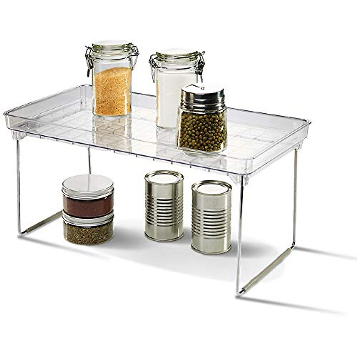 madesmart Clear Stacking Shelf - Medium | CABINET COLLECTION | Organizer for Cabinet or Counter | Collapsible Legs for Storage | Non-slip Rubber Feet |